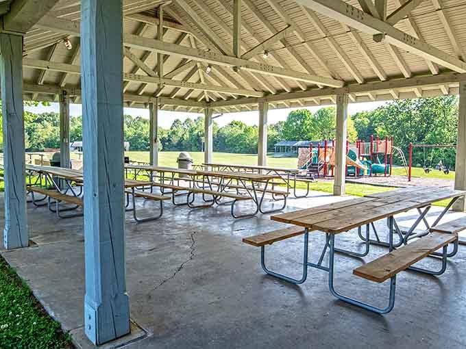 Covered picnic areas provide shade for family gatherings while kids burn energy on nearby playgrounds.