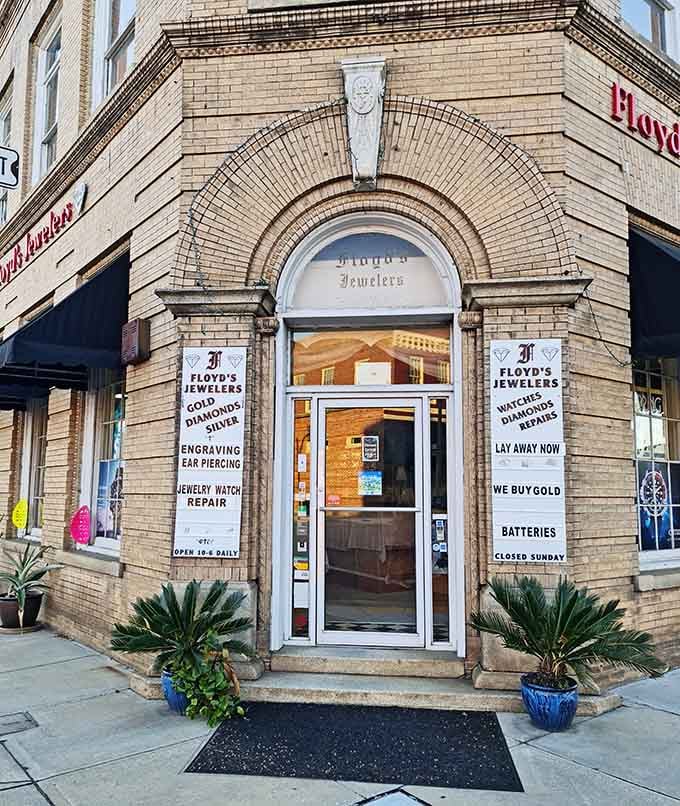 Floyd's Jewelers' classic entrance welcomes you like stepping into a time capsule of elegance and craftsmanship.