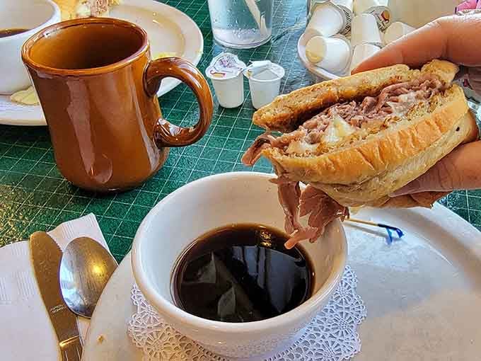 Hot coffee and a French dip sandwich make the perfect prelude to the main event: pie, glorious pie.