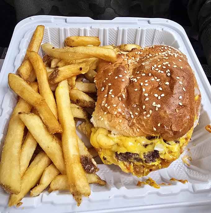 A burger with fries in a takeout container, proving that sometimes simple pleasures are the best pleasures.