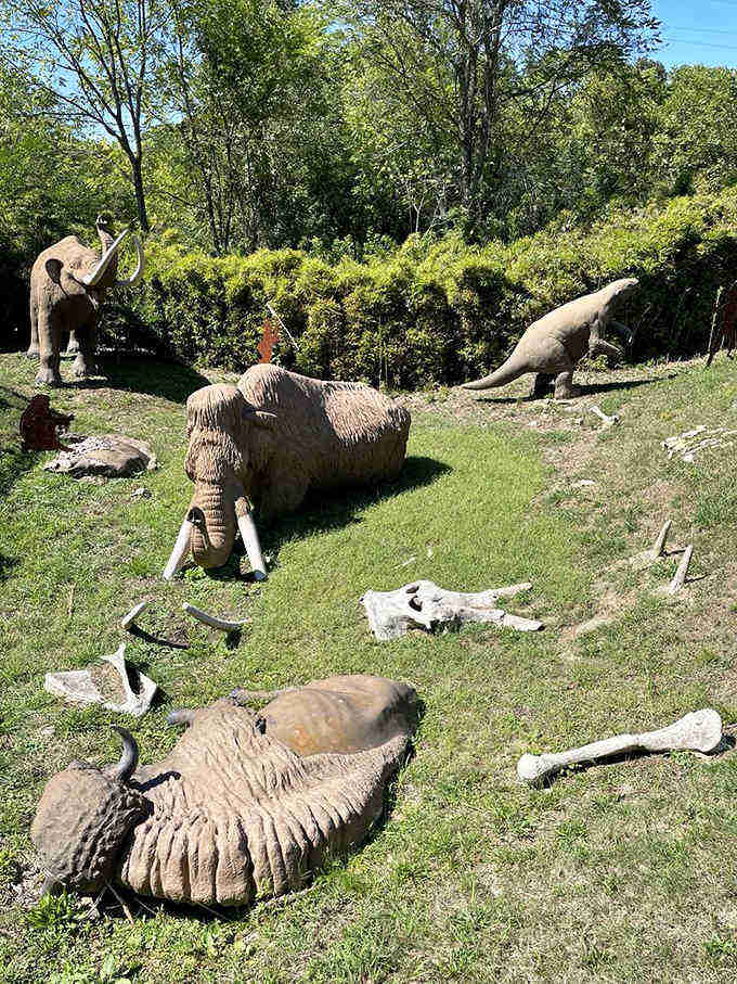 Life-size replicas scattered across the lawn recreate the prehistoric scene like nature's own Jurassic Park without the fences failing.
