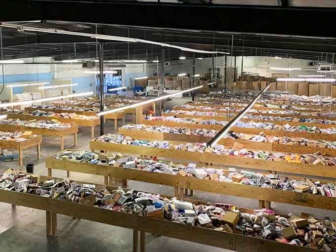 Rows upon rows of bins stretch into the distance like a bargain hunter's version of the yellow brick road.