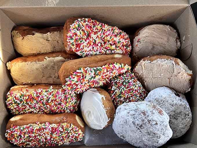 Powdered sugar donuts sitting next to long johns like old friends who've known each other for nearly a century.