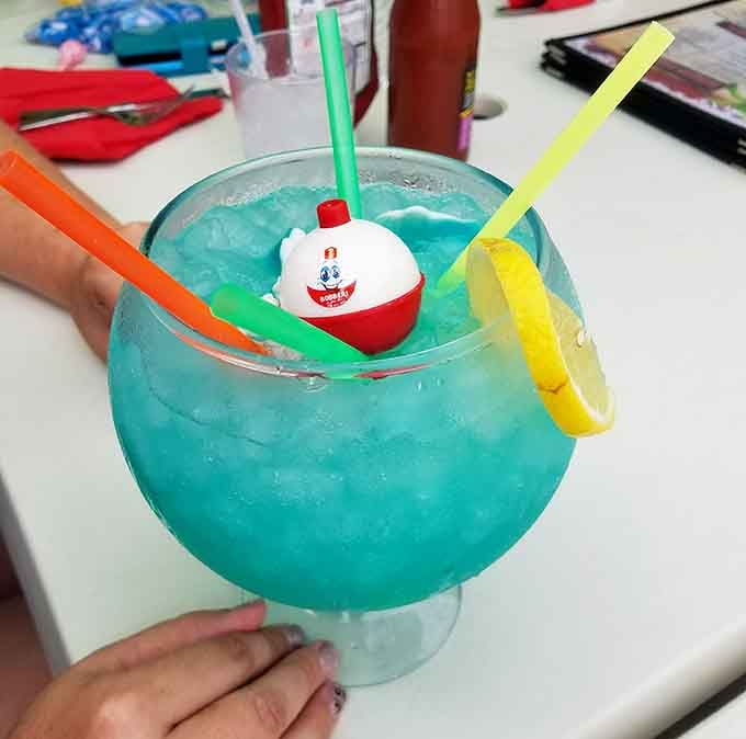 That bright blue cocktail with the bobber garnish is Instagram gold and tastes like liquid vacation.