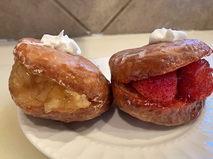Fresh fruit and cream turn simple donuts into elegant little dessert sandwiches that photograph like magazine covers.