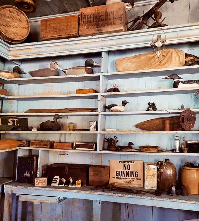 Hand-carved duck decoys and earthenware jugs represent the Eastern Shore's enduring connection to water and wildlife.