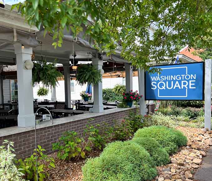 Washington Square's inviting pergola creates the perfect spot for outdoor dining when the weather cooperates beautifully.