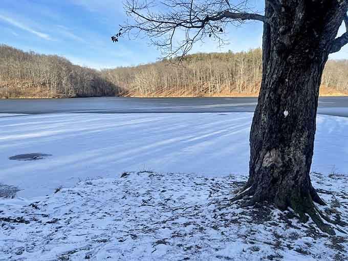 Winter transforms the frozen lake into a scene straight from a Currier and Ives print come alive.