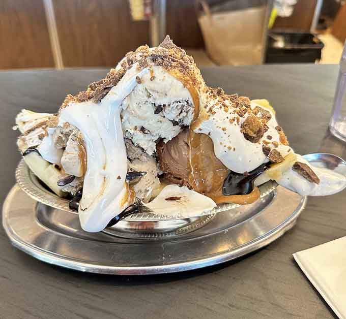 This banana split requires both hands, strategic planning, and possibly a detailed instruction manual to consume properly.
