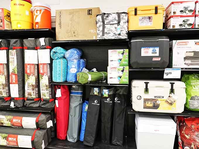 Camping gear and coolers creating an outdoor enthusiast's paradise, minus the typical outdoor equipment sticker shock experience.