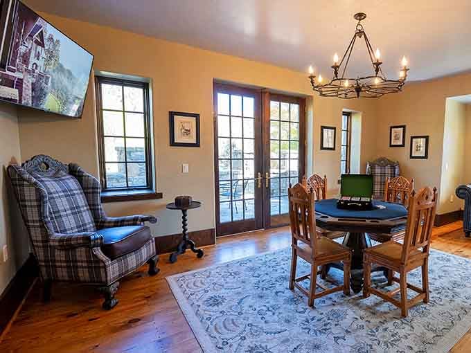 This lounge area proves that medieval nobility had the right idea about comfortable seating and card games.
