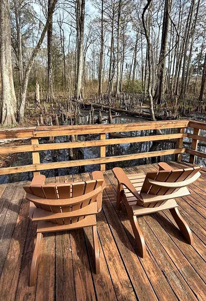 Adirondack chairs on the deck provide the perfect spot to sit, breathe, and remember why you needed this escape.