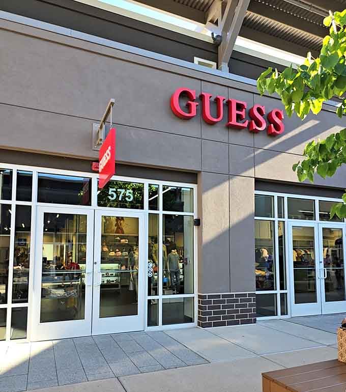 The Guess store stands ready to outfit you in denim and style that looks expensive but won't drain your retirement fund.