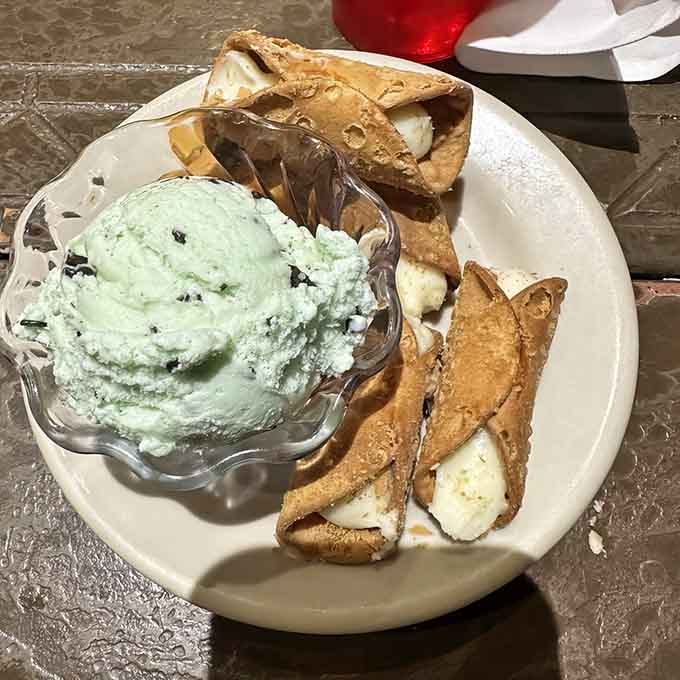Mint chip gelato with cannoli is the Italian dessert equivalent of having your cake and eating it too.