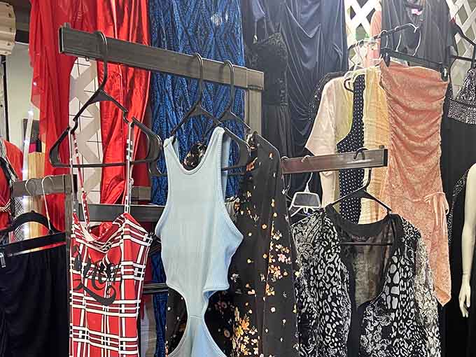 Sequined dresses shimmer on racks, ready to transform someone's Saturday night into something spectacular.