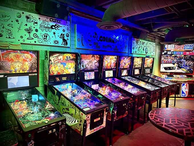 Pinball machines lined up like soldiers, each one ready to test your reflexes and steal your attention.