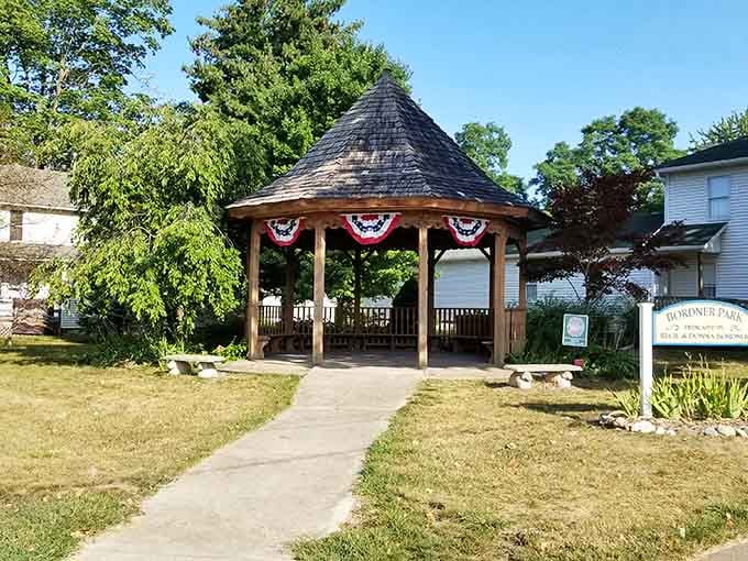 Patriotic bunting on a classic gazebo captures small-town America better than any Norman Rockwell painting ever could.