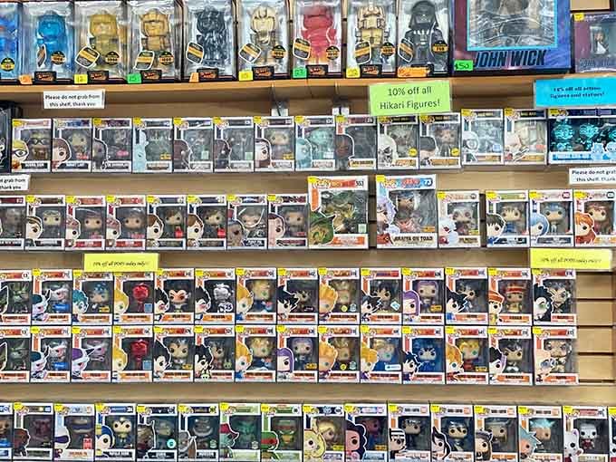 Funko Pop figures lined up like a miniature army of nostalgia, each one calling your name.