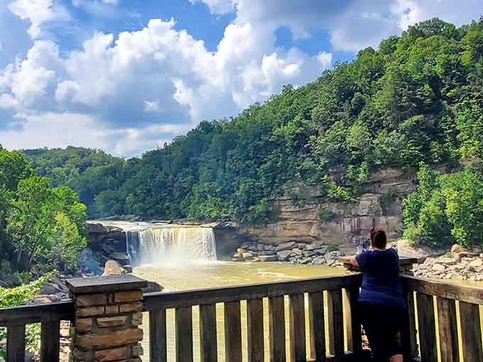 The viewing deck offers front-row seats to nature's eternal performance, mist included at no extra charge whatsoever.