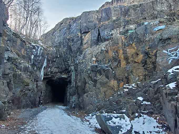 Winter turns the tunnel into a frosted masterpiece that would make Elsa jealous.