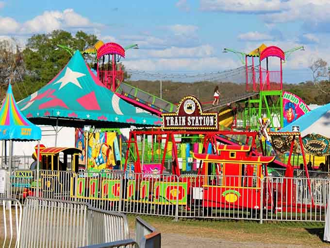 Bright carnival colors and spinning rides capture childhood joy before smartphones replaced actual thrills with virtual ones.