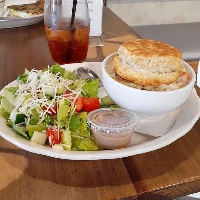 Chicken pot pie with a biscuit top that would make your grandmother nod approvingly from across the room.