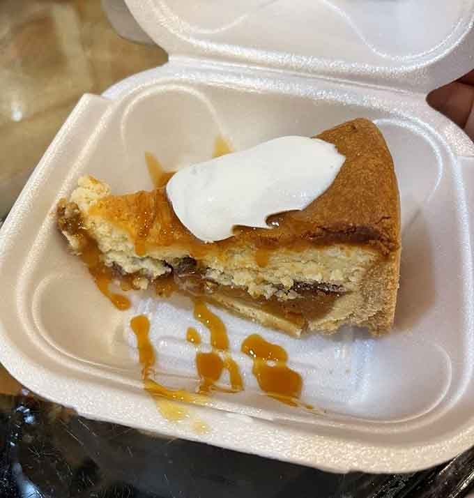 Pecan cheesecake with caramel drizzle, because sometimes dessert needs to be as dramatic as eating in a train car.