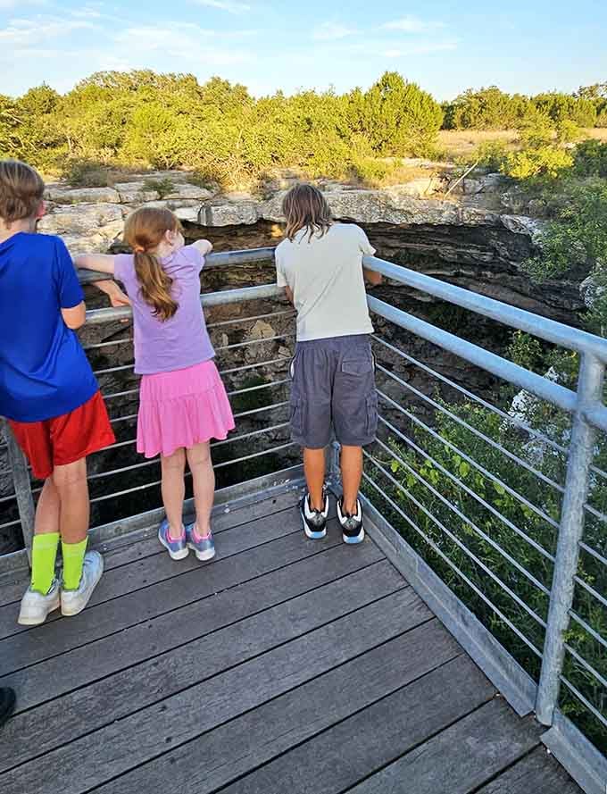 Young explorers discovering that the best entertainment doesn't require WiFi, just a really impressive hole and some patience.