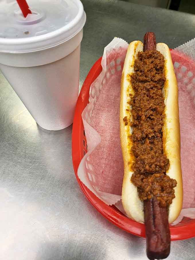 That chili dog stretches the full length of the bun, proving that generosity isn't dead in America.