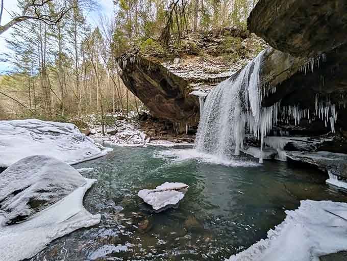 Winter transforms the falls into a frozen masterpiece that looks straight out of Narnia's wardrobe.