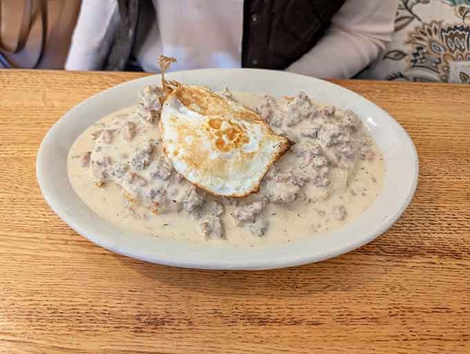 Biscuits drowning in gravy, the kind of comfort food that makes everything else seem less important today.