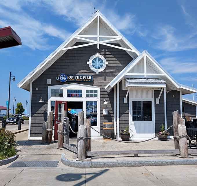 At 64 on the Pier, nautical vibes meet casual dining in a building that looks ready for its closeup.
