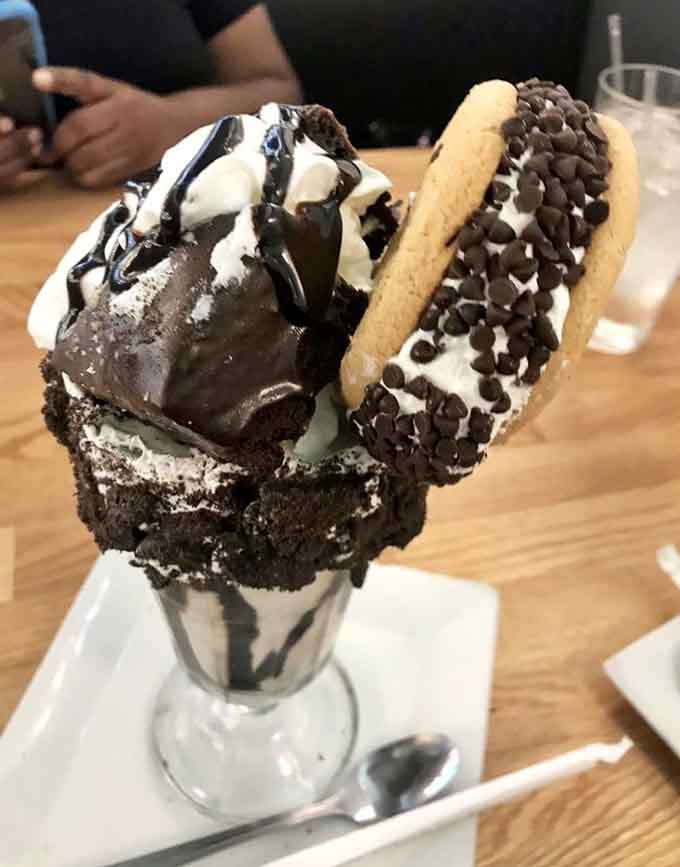 The brownie shake doesn't mess around, bringing chocolate on chocolate with cookies for good measure because why not.