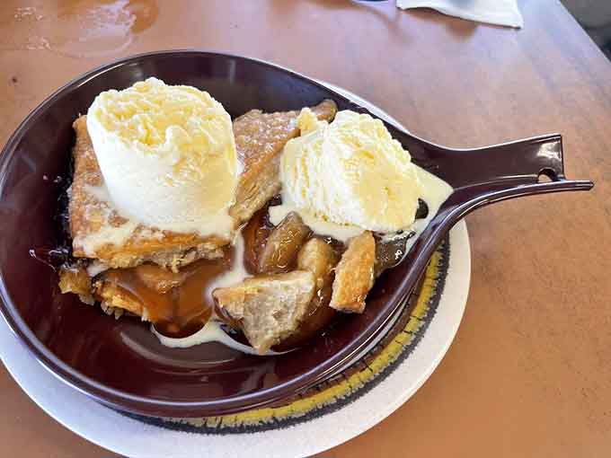Apple cobbler with ice cream, because you've earned dessert just by finding this place in the desert.