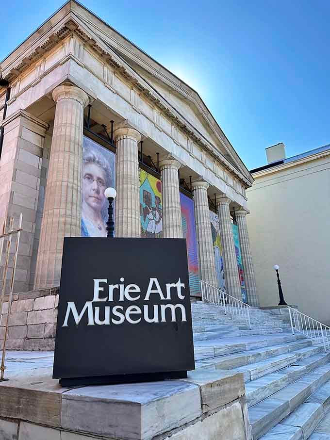 The Erie Art Museum's classical columns frame contemporary treasures inside, proving old buildings can learn new tricks beautifully.