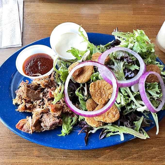 When barbecue meets fresh greens and fried goodness, salad suddenly becomes a lot more interesting than usual.