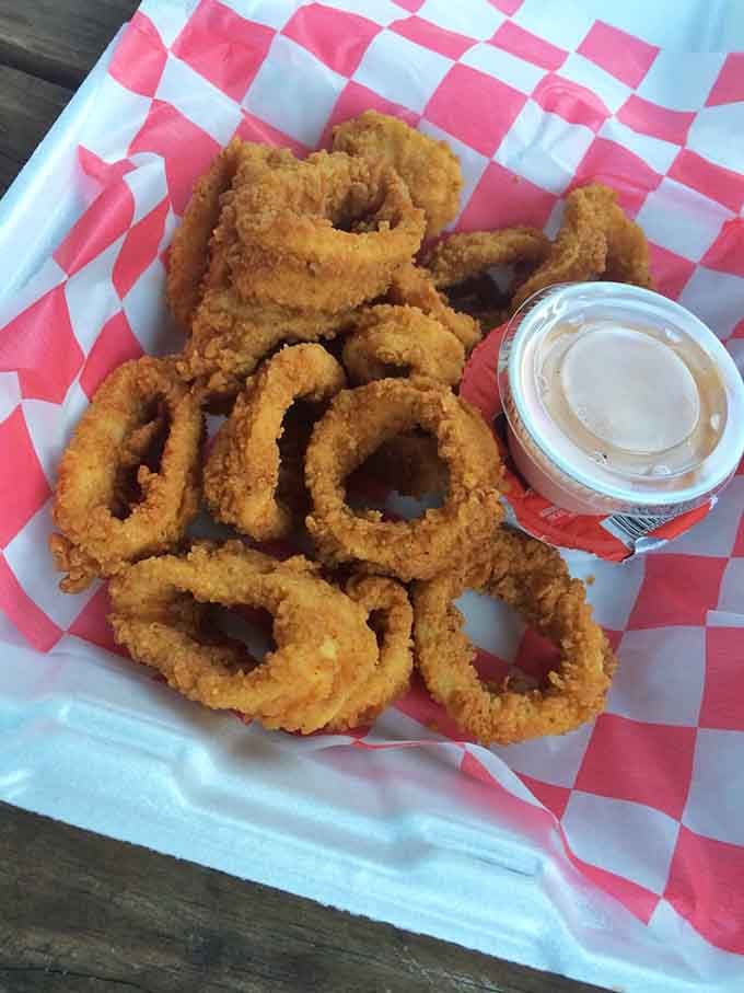 Crispy calamari rings that could make a squid feel proud, served with sauce for dipping and zero regrets afterward.