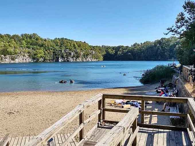 Sandy beaches meet limestone cliffs in a combination that feels more exotic than its Indiana zip code.