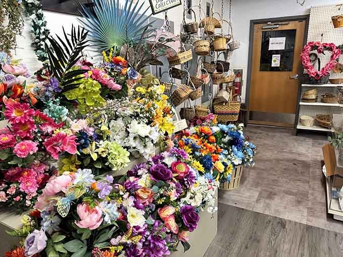 Colorful floral arrangements and hanging baskets add charm to any space for pennies on the dollar.