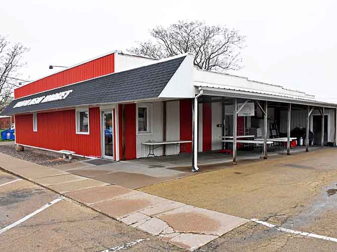 The Fulton Meat Market's bright red exterior promises exactly what's inside: honest food, no pretense required.