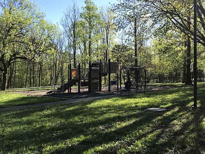 Even the playground equipment gets a forest view here, making suburban swing sets look downright boring by comparison.