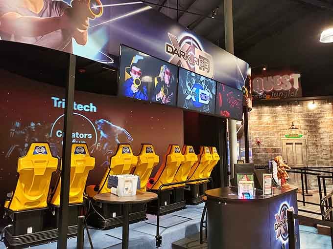 Dark Ride promises thrills in yellow seats that look surprisingly comfortable for impending virtual chaos ahead.