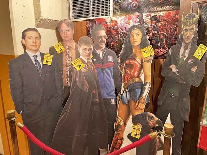 These cardboard celebrities stand ready for selfies, no autograph fees or velvet ropes required for photo opportunities here.