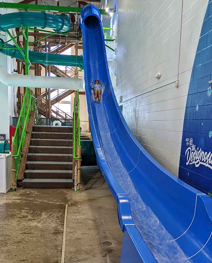 The blue speed slide delivers thrills from impressive heights, perfect for testing your bravery and your waterproof mascara.