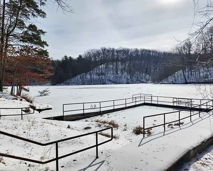 Winter transforms the lake into a frozen postcard, proving this park delivers beauty in every single season.