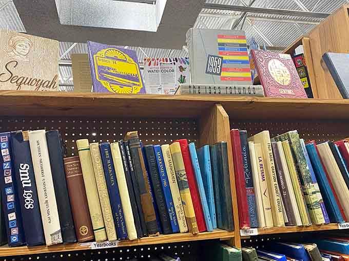 Vintage yearbooks line the shelves like time capsules waiting to transport you back to someone else's glory days.