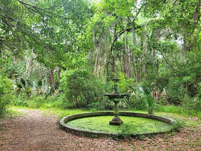 This moss-covered fountain stands as a beautiful reminder of the community that once called this place home.
