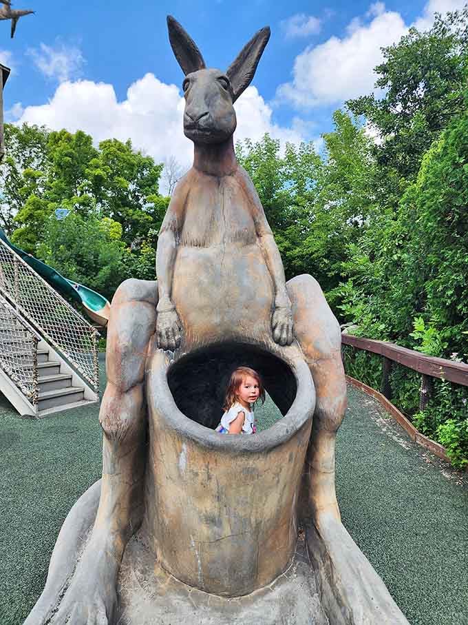 Kids love climbing into giant kangaroo pouches, living out their marsupial dreams for a moment.
