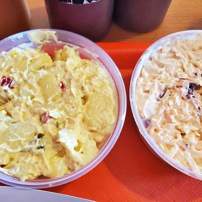 Potato salad and coleslaw providing the cool, creamy counterpoint to all that glorious smoked meat.