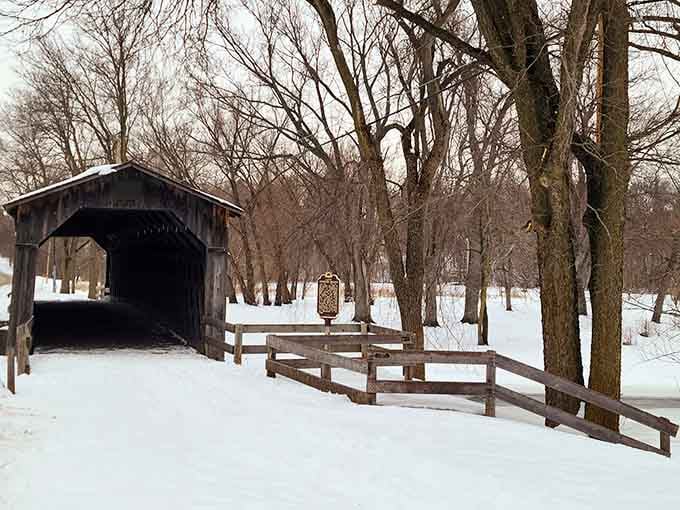 Snow-covered and serene, the bridge looks like it's waiting for a Hallmark movie crew to arrive.
